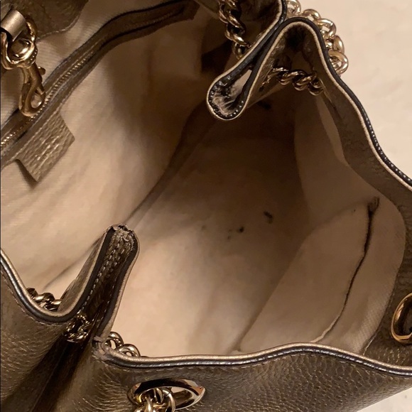 Gucci | Bags | Gucci Soho Metallic Chain Medium Tote Gold Beige | Poshmark